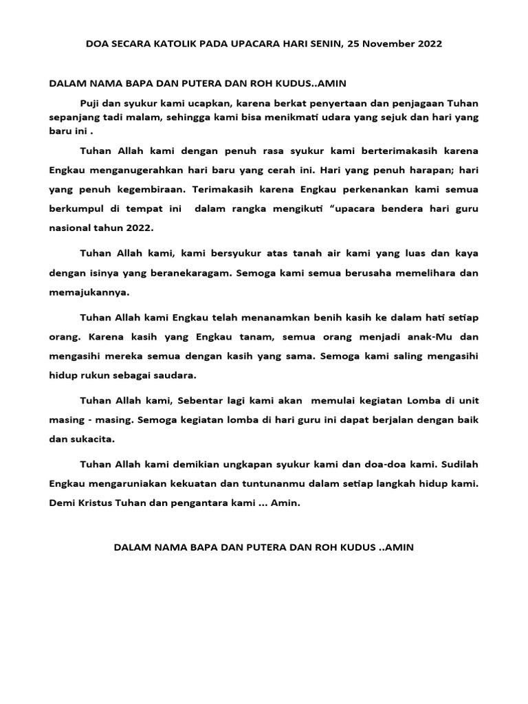 Doa Upacara Bendera Katolik Hari Senin | PDF