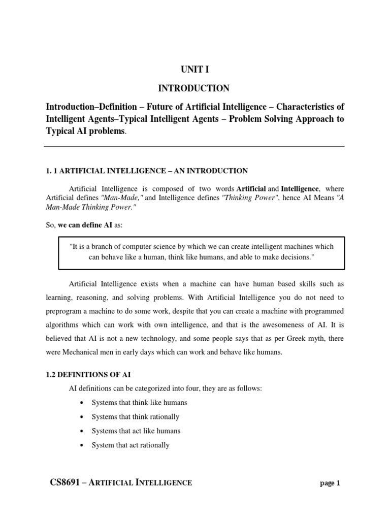 CS8691 Unit 1 | PDF | Artificial Intelligence | Intelligence (AI) & Semantics