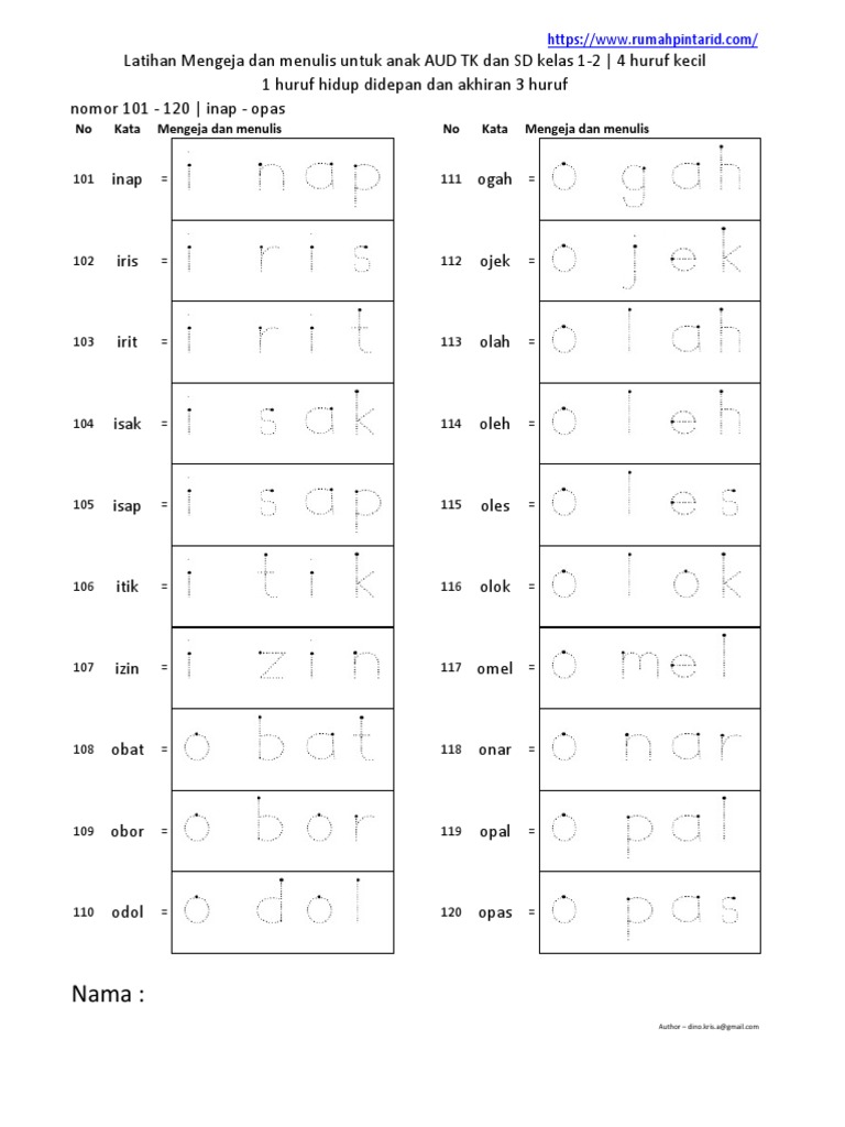 Latihan Membaca Mengeja Dan Menulis Untuk Anak Akhiran 3 Huruf 101 120 ...