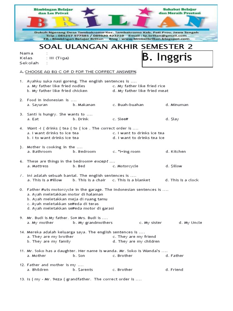 Soal Uas B Inggris Kelas 3 SD Semester 2 Dan Kunci Jawabanpdf | PDF | Nutrition | Diet & Nutrition