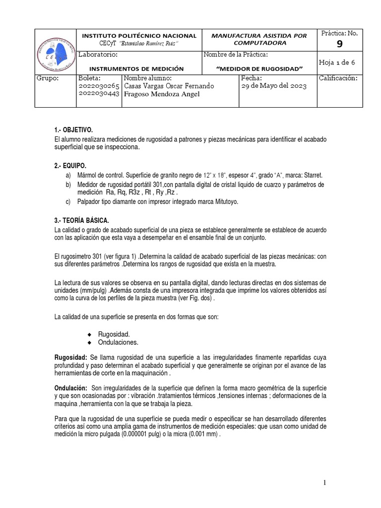 Partes del Rugosímetro 301 | PDF | Rugosidad de la superficie | Medición