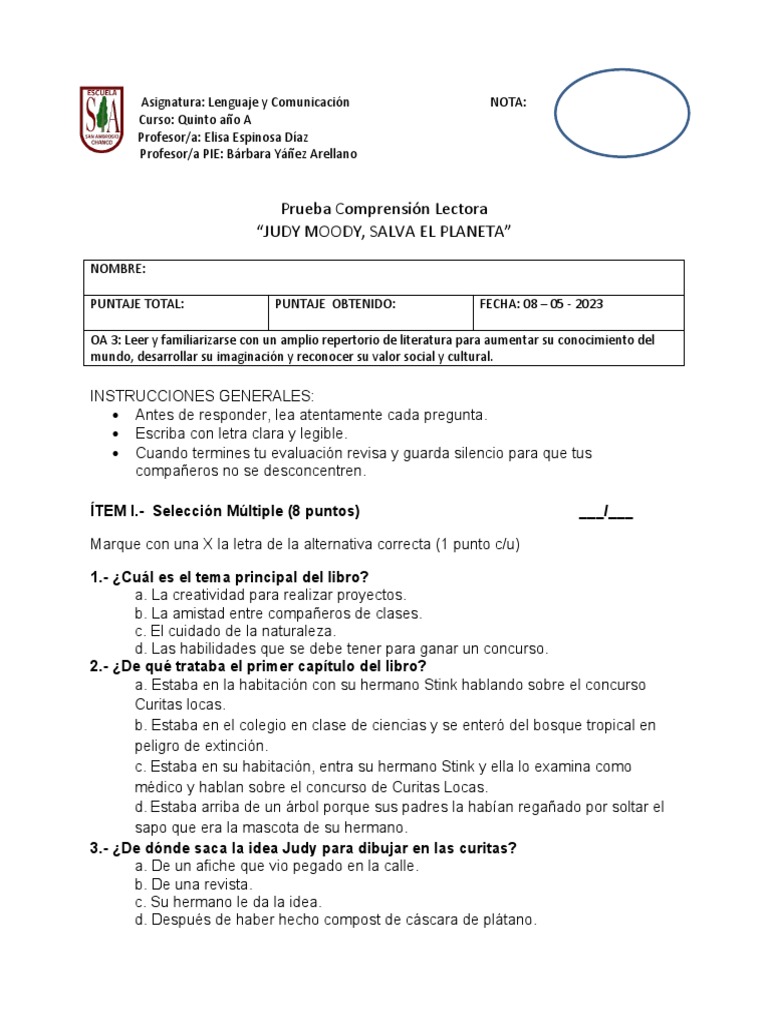 Prueba Quinto Judy Moody 08 - 05 | PDF