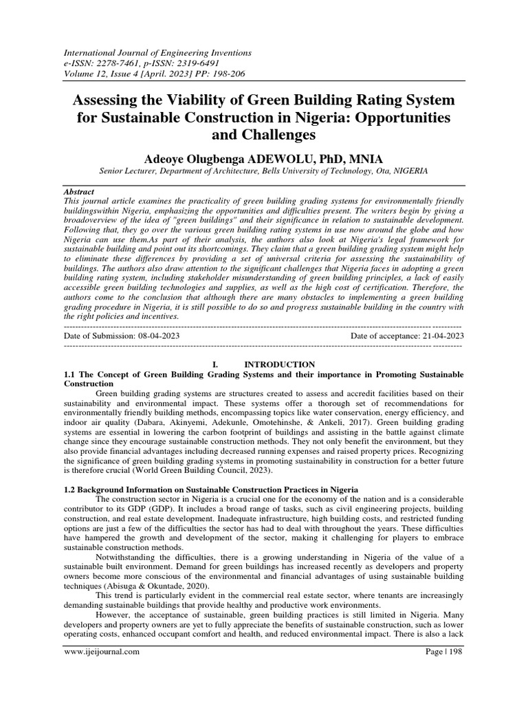 Assessing The Viability of Green Building Rating System in Nigeria ...