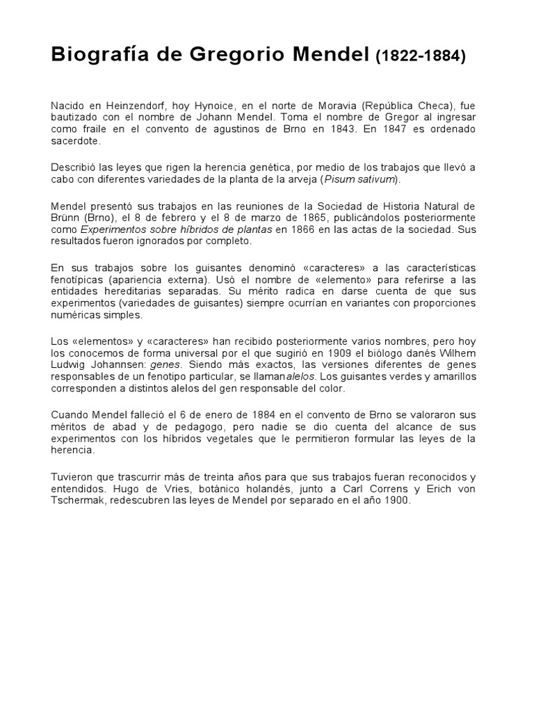 Biografía de Gregorio Mendel | PDF