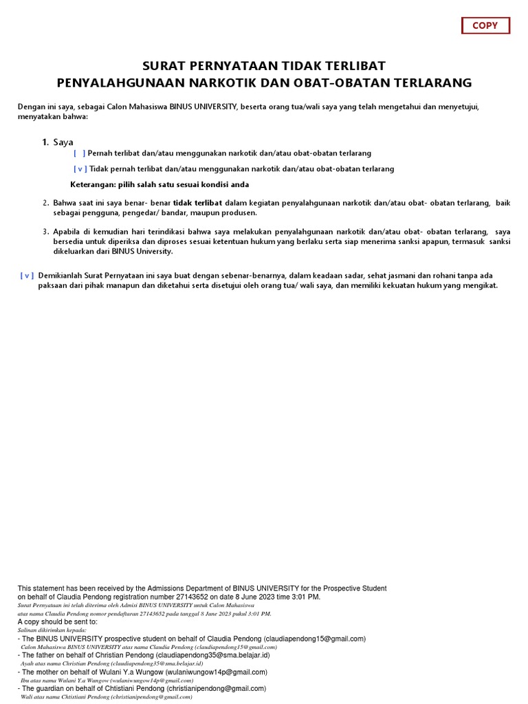 Surat Pernyataan Tidak Terlibat Penyalahgunaan Narkotik Dan Obat Obatan