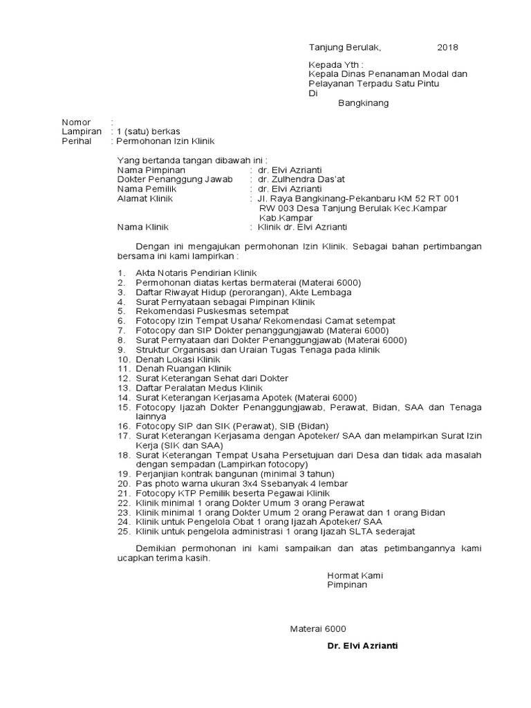Permohonan Izin Klinik dr. Elvi | PDF | Kesehatan Holistik | Sains & Matematika