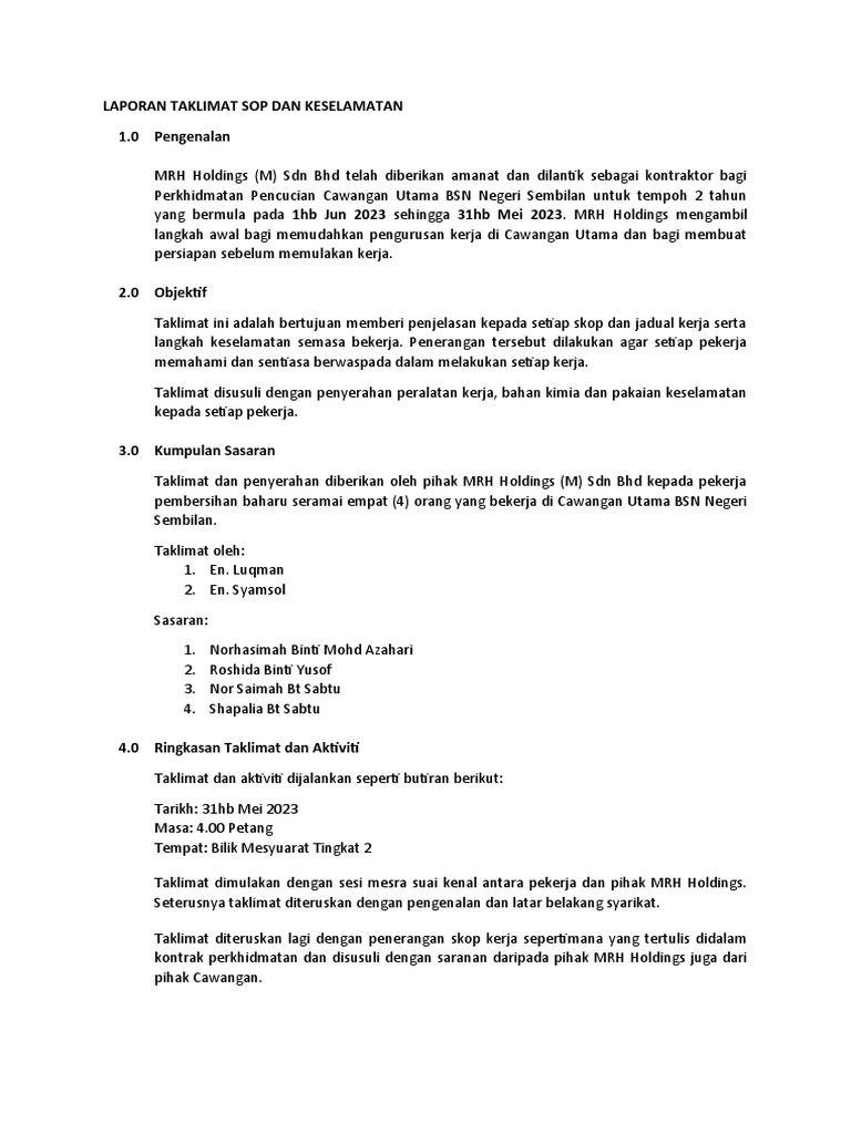 Laporan Taklimat Sop Dan Keselamatan BSN N9 | PDF