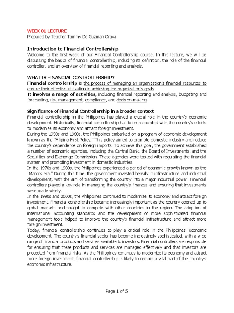 Lecture 01 Financial Controllership Week 01 Student Handouts | PDF ...