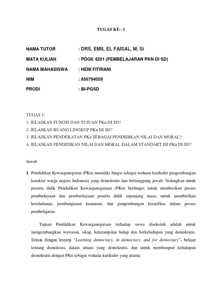 TUGAS Ke 1 Pembelajaran PKN Di SD | PDF