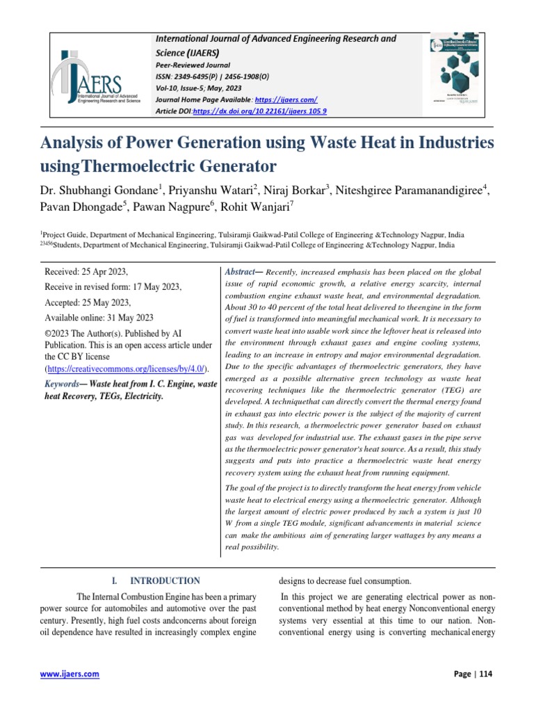 Analysis of Power Generation using Waste Heat in Industries using ...