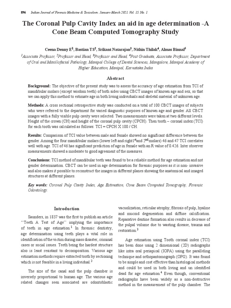 Denny - 2021 - Coronal Pulp Cavity Index An Aid in Age Determination-Cone Beam CT Study | PDF ...