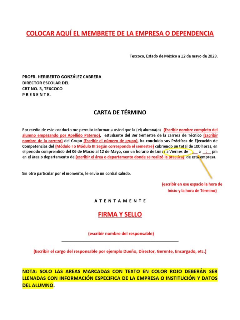 Colocar Aquí El Membrete de La Empresa O Dependencia: Carta de Término ...