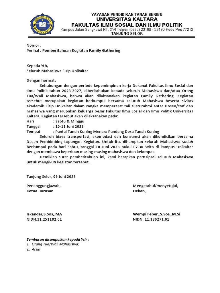 SURAT PEMBERITAHUAN MAHASISWA | PDF