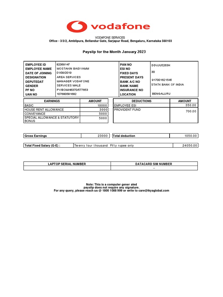 Slip VODAFONE SERVICES | PDF