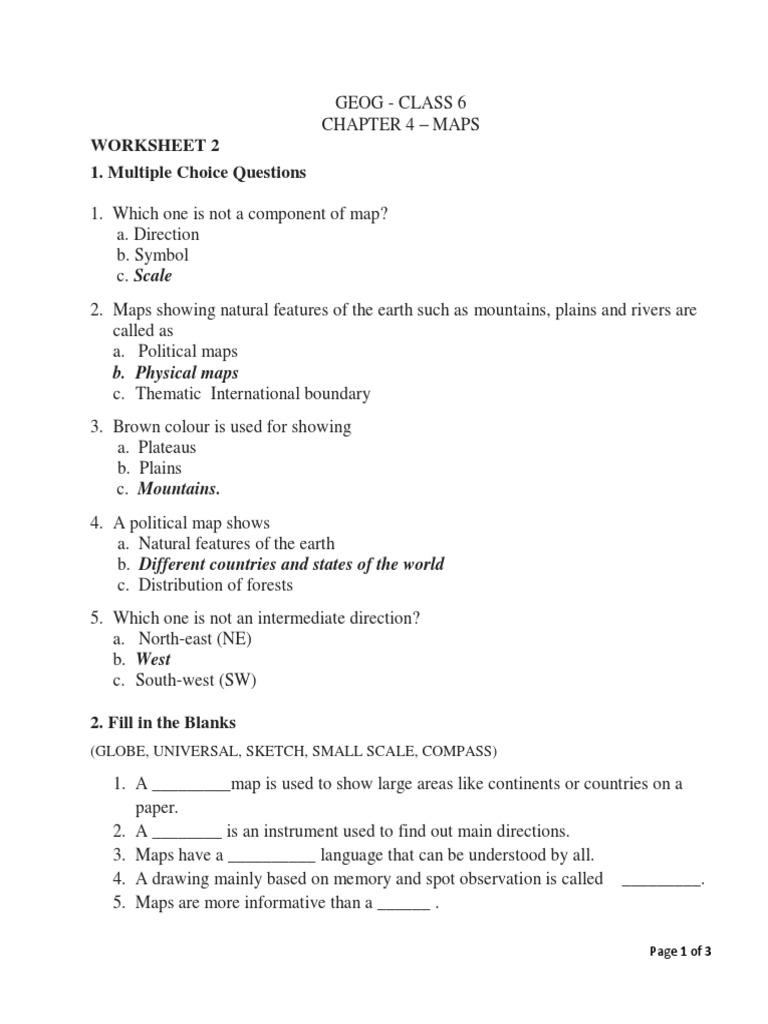 Class 6 Geography: Maps Worksheet | PDF | Map | Cartography