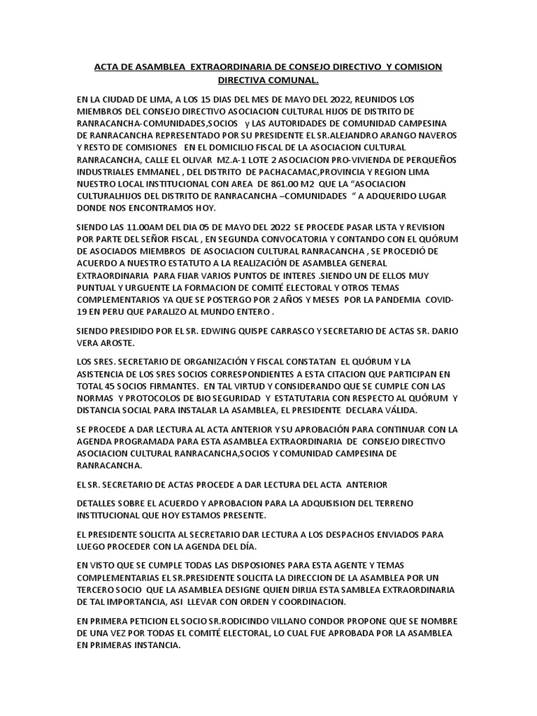 Acta de Asamblea Extraordinaria de Consejo Directivo y Comision Directiva Comunal | PDF | Gobierno