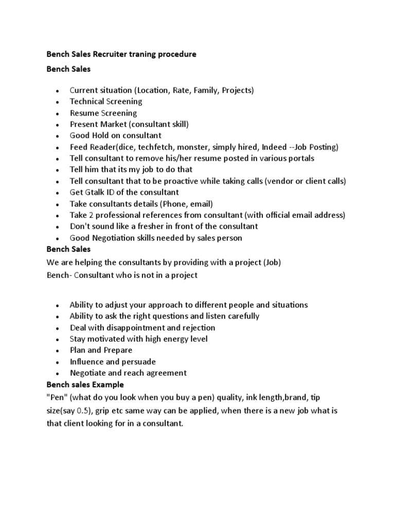 Bench Sales Recruiter Traning Procedure | PDF | Consultant | Résumé