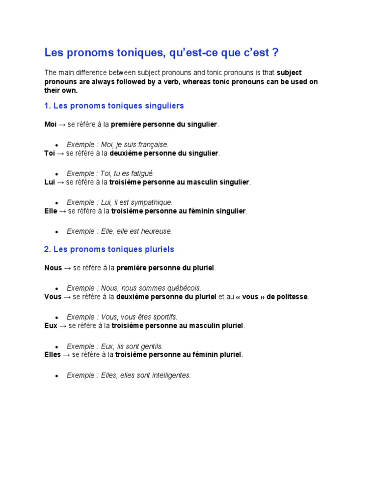 Comprendre les pronoms toniques en français | PDF | Pronom | Nombre ...