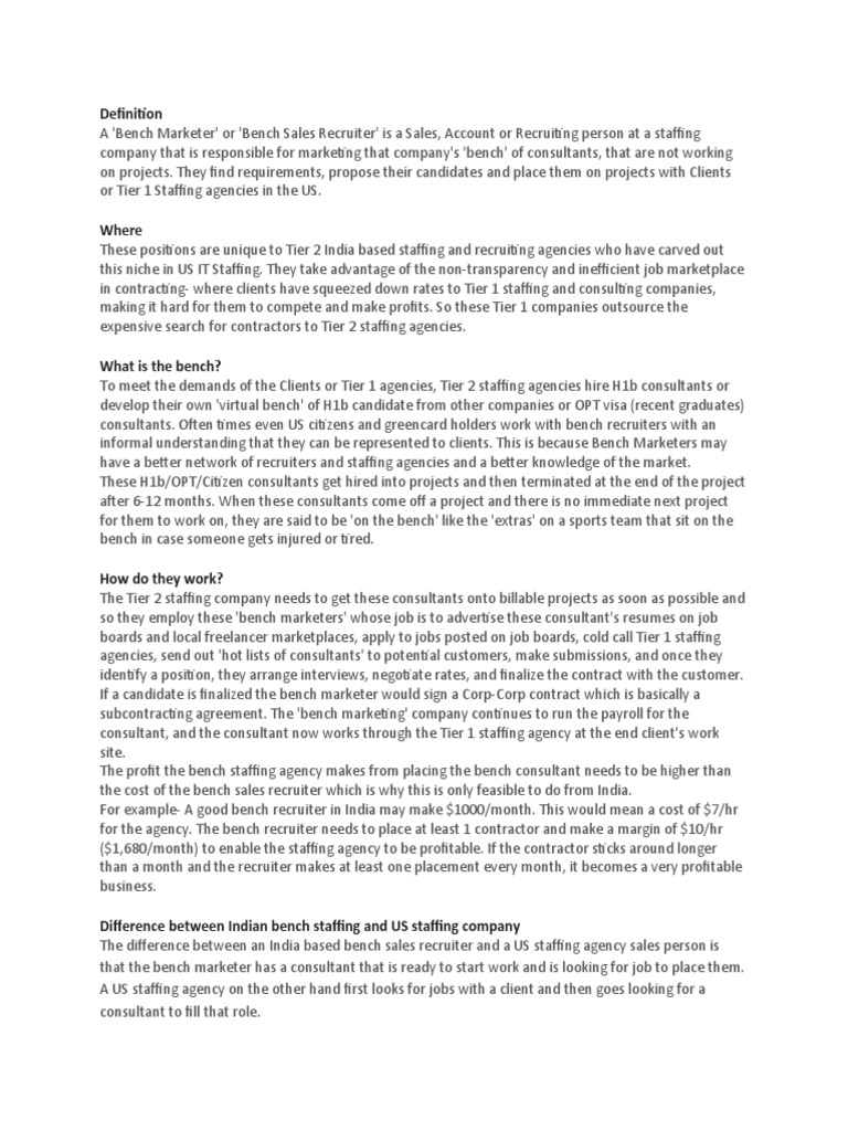Bench Sales Recruiter Overview | PDF | Consultant | Human Resources