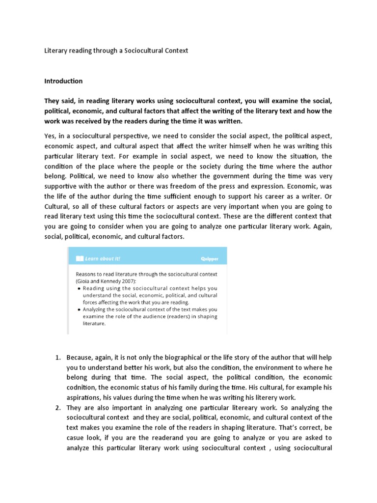 Literary Reading Through A Sociocultural Context | PDF