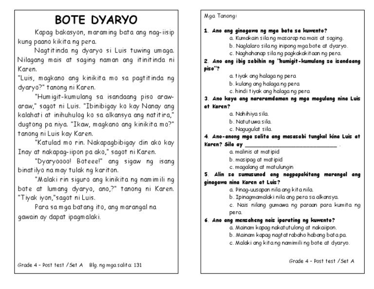 GRADE 4 PFILIPINOPHILIRI-Complete-Set-A-Post-Test-Eng-n-Fil | PDF