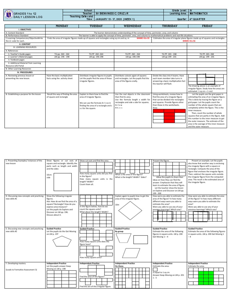 Mathematics 4 - Q4 - W1 DLL | PDF | Area | Behavior Modification