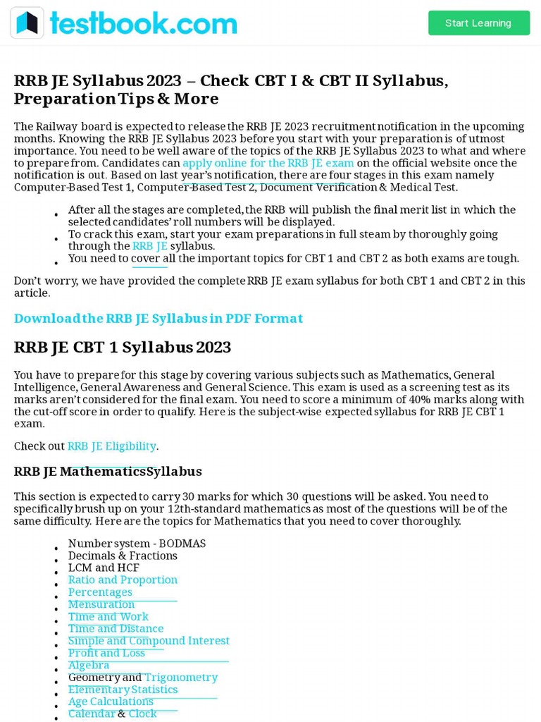 RRB JE Syllabus 2023 - Check CBT I & CBT II Syllabus, Preparation Tips ...