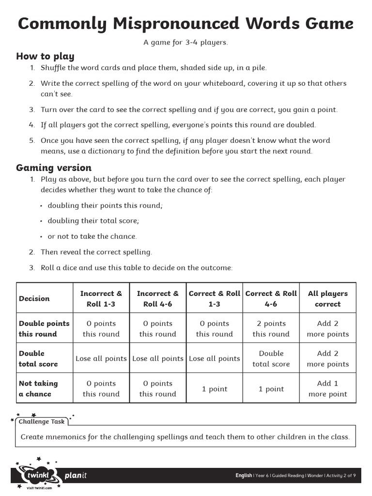 Commonly Mispronounced Words Game | PDF | Linguistics