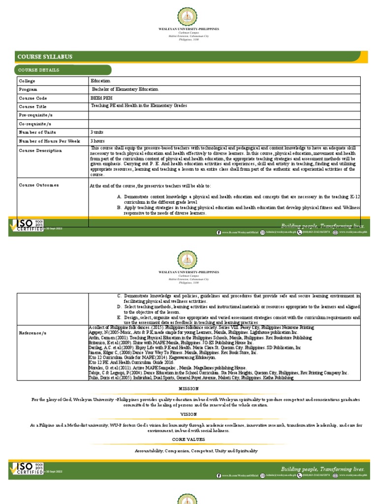 Syllabus 2023 Beed Peh Dennis Habala | PDF | Curriculum | Learning