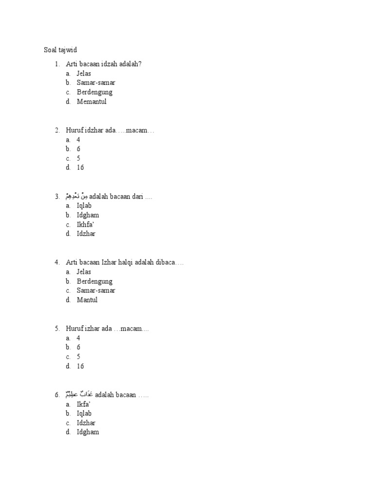 Soal Tajwid Kelas Tahfidz D | PDF