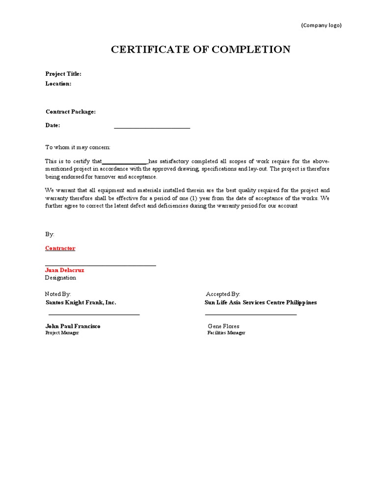 Certificate of Completion Format | PDF