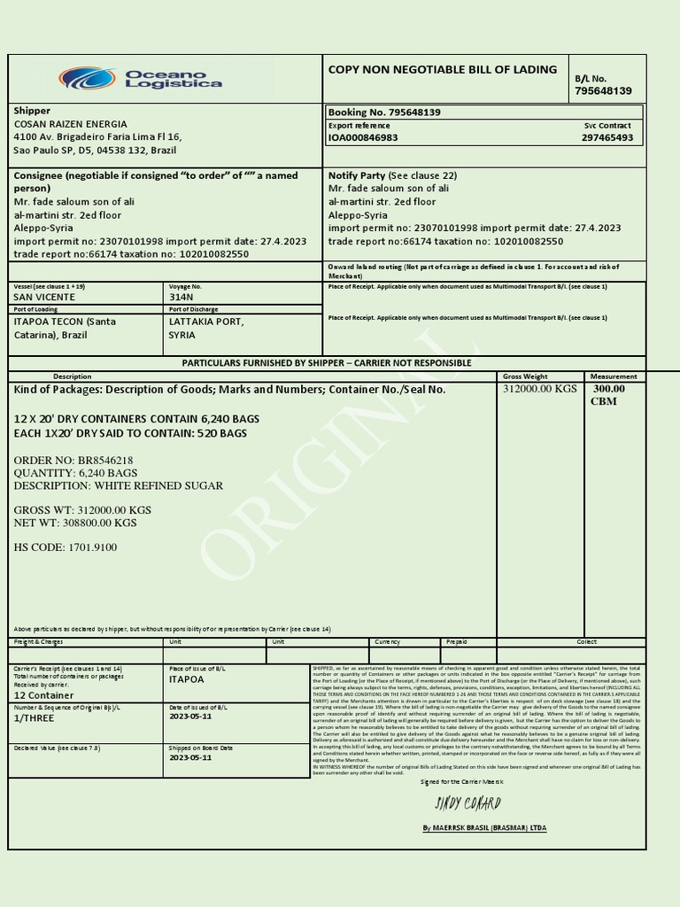 DRAFT - OBL-ocean Logistica | PDF | Bill Of Lading | Cargo