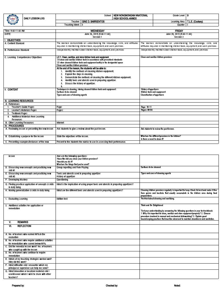 DLL Cookery 9 Week 4 | Download Free PDF | Learning | Kitchen