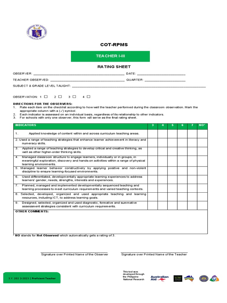 (Appendix C-02) COT-RPMS Rating Sheet For T I-III For SY 2022-2023 | PDF | Learning | Curriculum