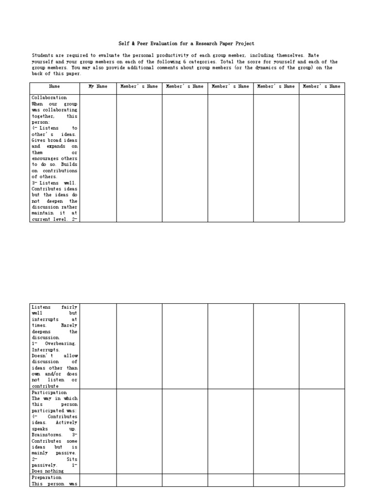 Self Peer Evaluation For A Research Paper Project | PDF | Information ...