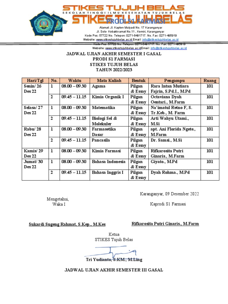 Jadwal Ujian Akhir Semester Gasal 22-23 | PDF