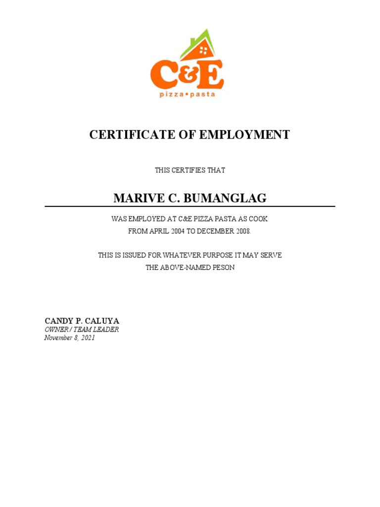 Certificate of Employment Cne | PDF