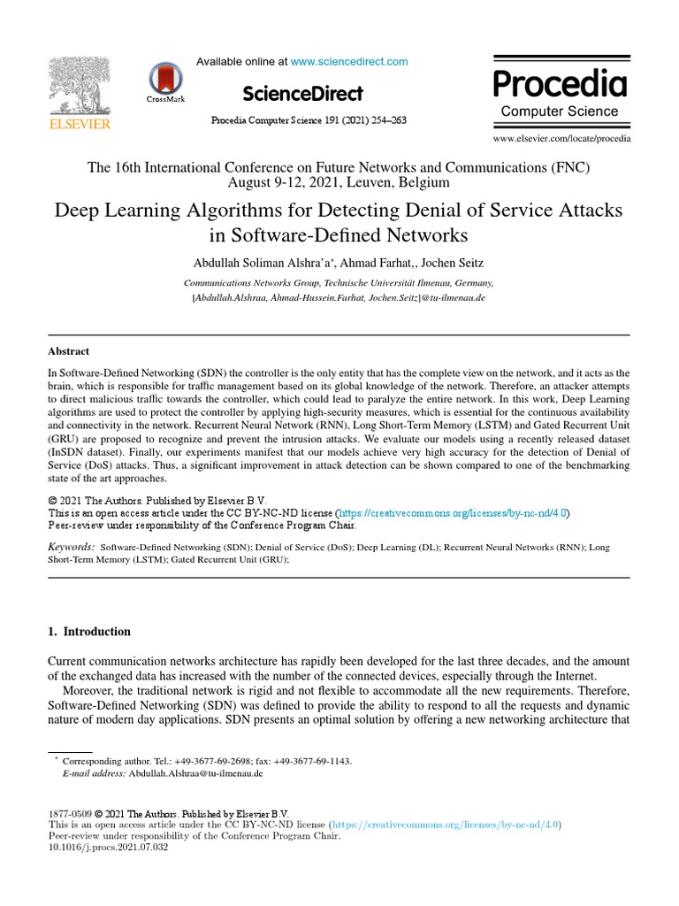 Deep Learning Algorithms For Detecting Denial of Service Attacks | PDF | Denial Of Service ...
