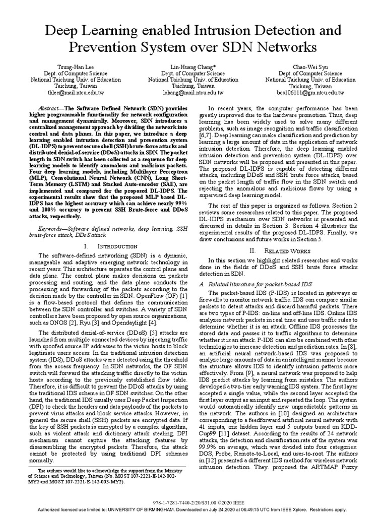 Deep Learning Enabled Intrusion Detection and Prevention System Over SDN Networks | PDF | Denial ...