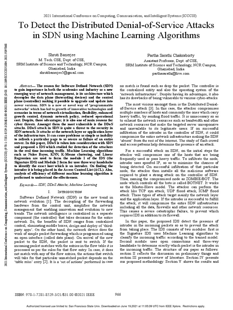 To Detect The Distributed Denial Of Service Attacks In Sdn Using Machine Learning Algorithms