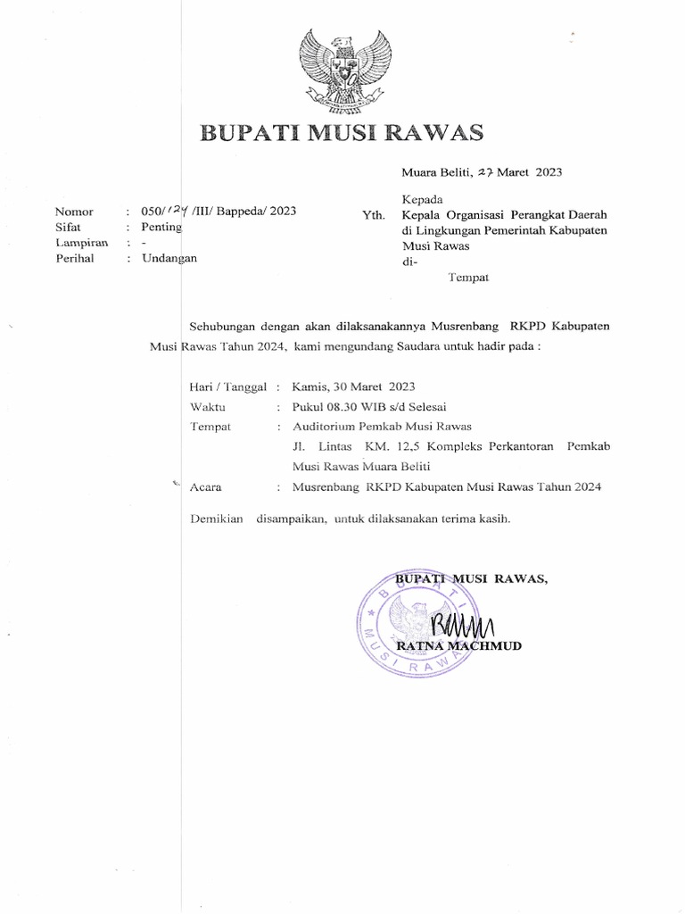 Surat Undangan Musrenbang RKPD Kabupaten Musi Rawas Tahun 2024 | PDF
