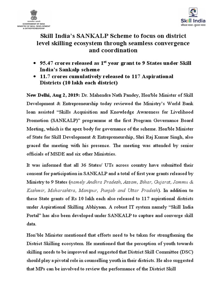 Skill India's SANKALP Scheme To Focus On District Level Skilling ...