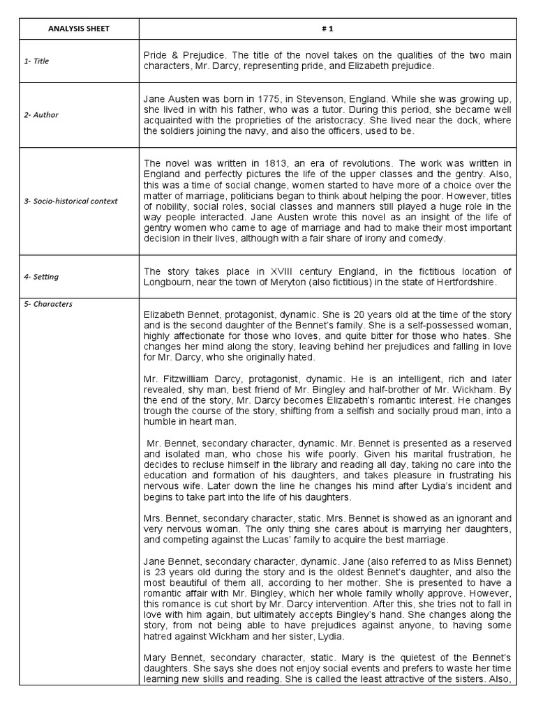 Analysis Sheet Pride Prejudice | PDF | Pride And Prejudice | Mr. Darcy