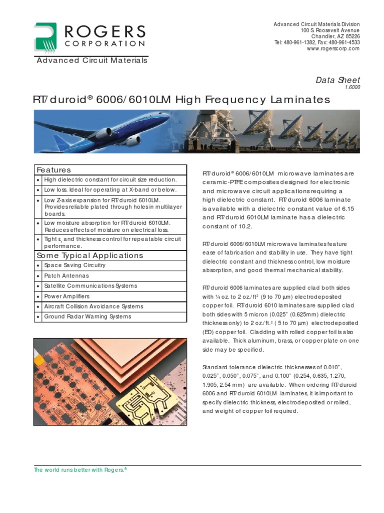 RT Duroid 6006 6010 Laminate Data Sheet | PDF | Microwave | Electronic ...