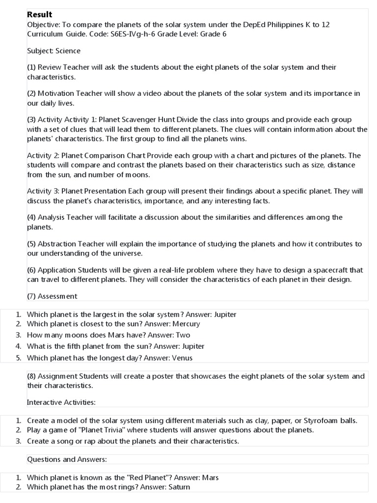 Lesson Planner 6 | PDF | Planets | Solar System