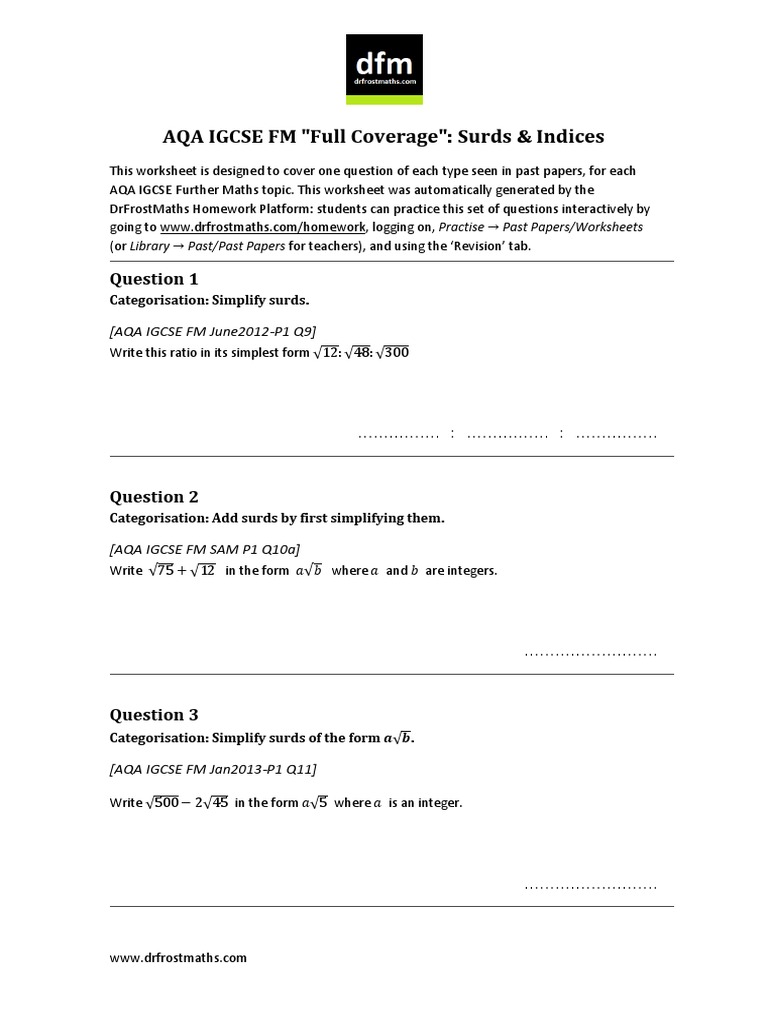 Surds And Indices Worksheet 2 Pdf