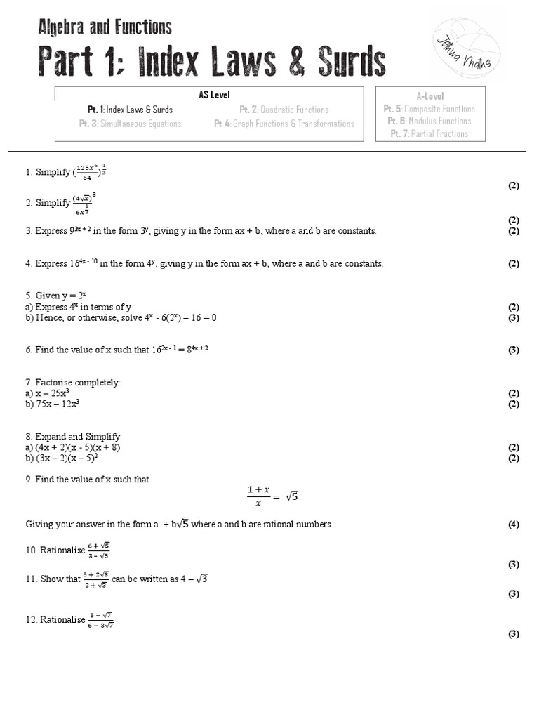 Index Laws and Surds Worksheet | PDF | Equations | Cartesian Coordinate ...
