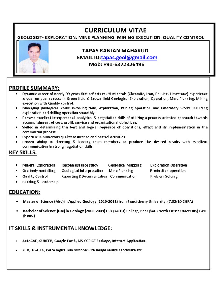 Resume-Geologist TAPAS | PDF | Mining | Geology