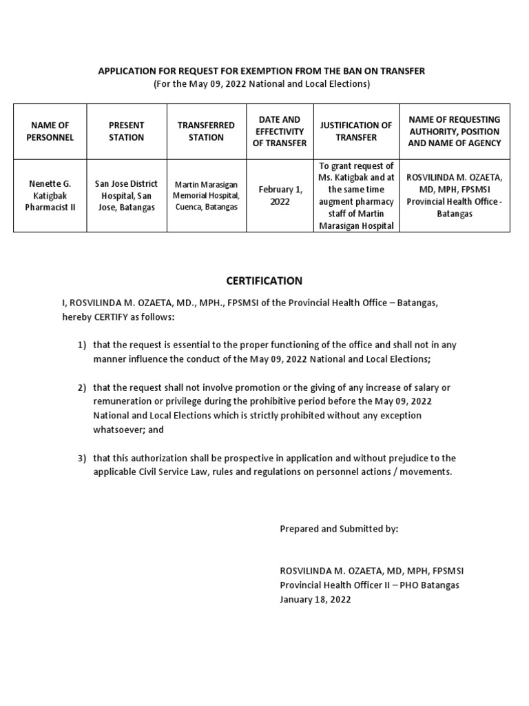 Application For Request For Exemption From The Ban On Transfer | PDF