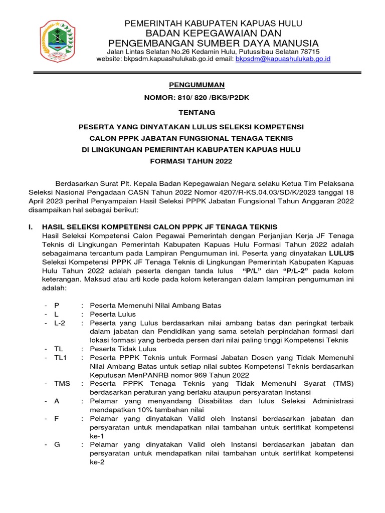Pengumuman Hasil Seleksi Kompetensi PPPK Teknis Formasi TH 2022 Sign | PDF
